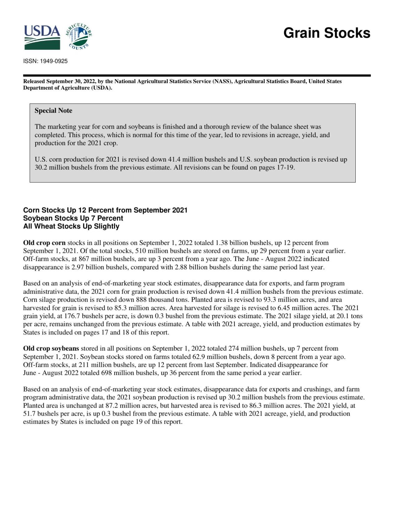 Midland comments and USDA US Sep 1 Grain Stocks and Small Grains ...