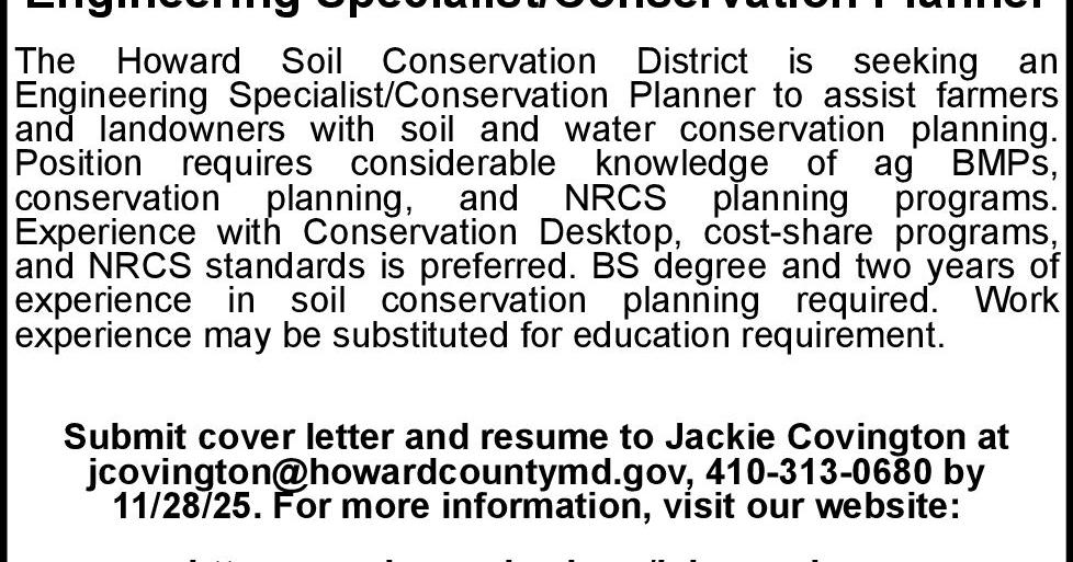 Engineering Specialist/Conservation Planner | Jobs | fredericknewspost.com