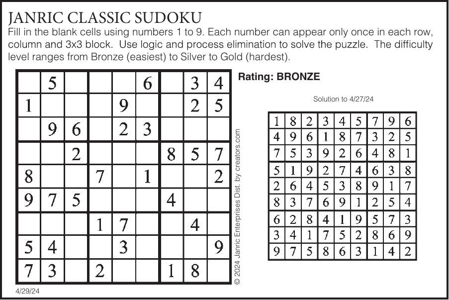 Sudoku April 29 | Puzzles | gillettenewsrecord.com