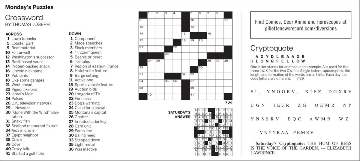 Puzzles, Monday, July 29, 2024 | Puzzles | gillettenewsrecord.com