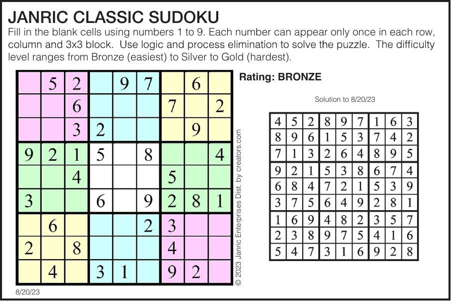 Sudoku August 20 | Puzzles | gillettenewsrecord.com