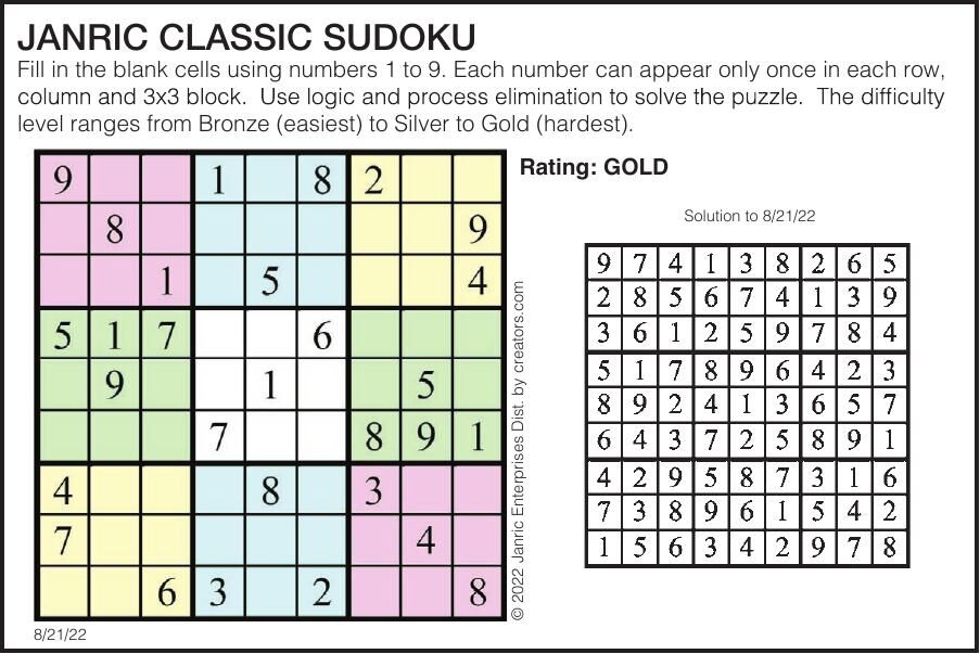 Sudoku August 21 | Puzzles | gillettenewsrecord.com