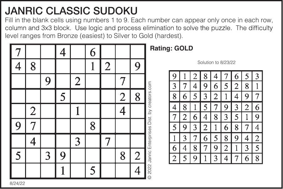 Sudoku August 24 | Puzzles | gillettenewsrecord.com