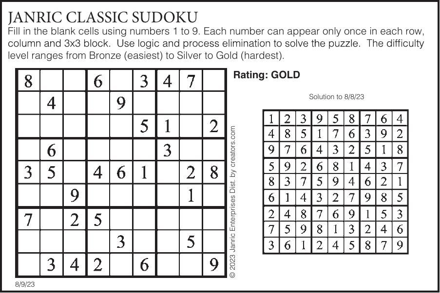 Sudoku August 9 | Puzzles | gillettenewsrecord.com