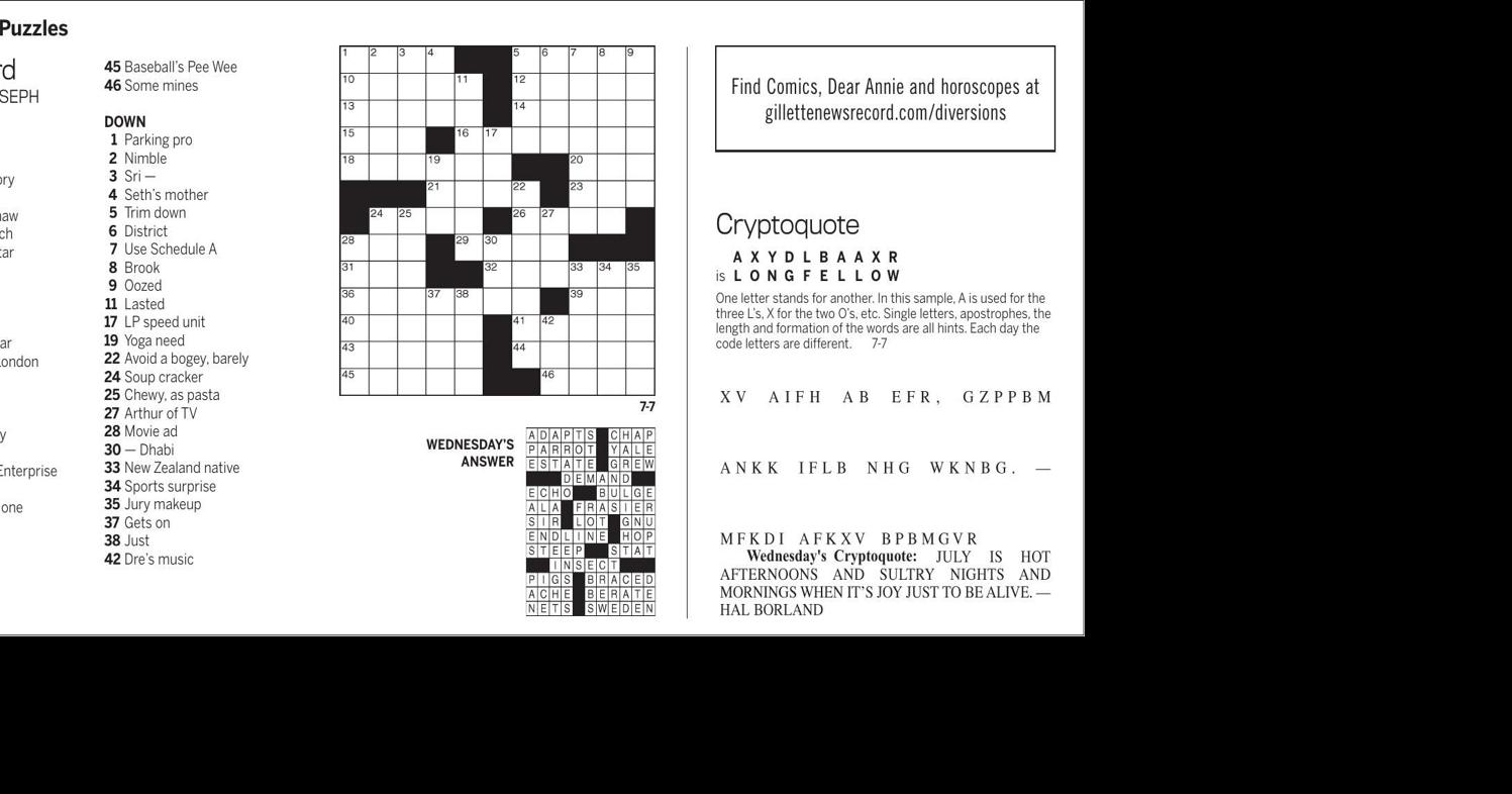 Puzzles, Thursday, July 7 | Puzzles | gillettenewsrecord.com