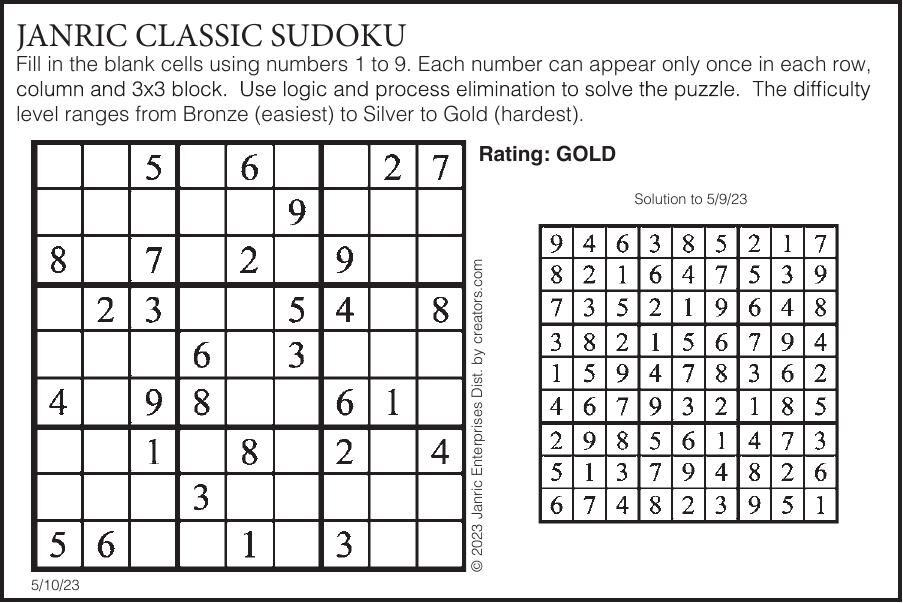 Sudoku May 10 | Puzzles | gillettenewsrecord.com