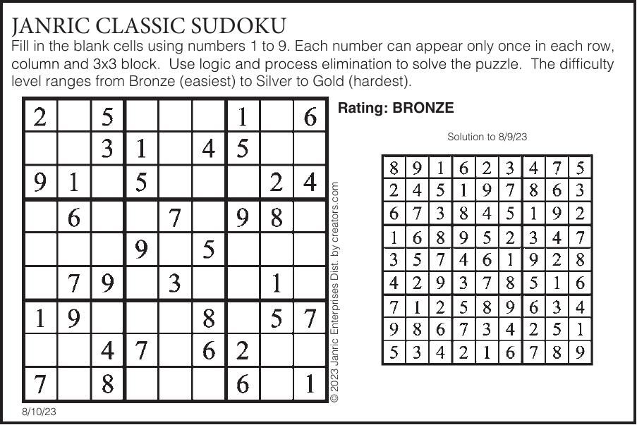 Sudoku August 10 | Puzzles | gillettenewsrecord.com