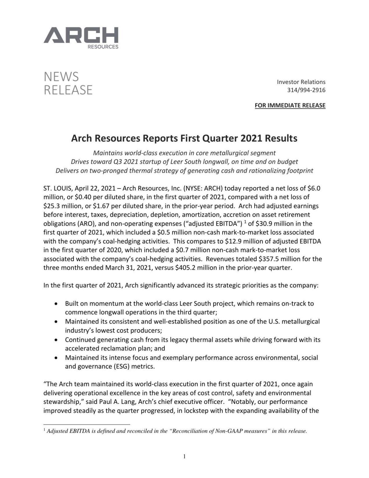 Arch Resources Inc. 2021 first quarter report | | gillettenewsrecord.com