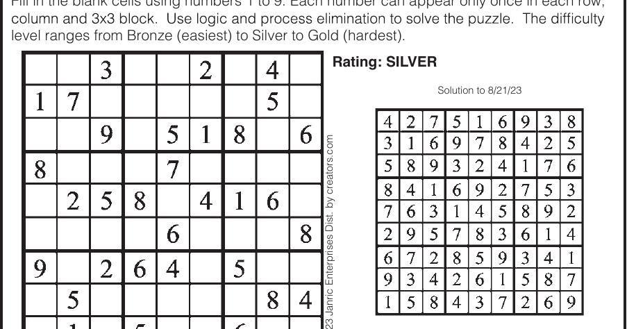 Sudoku August 22 | Puzzles | gillettenewsrecord.com