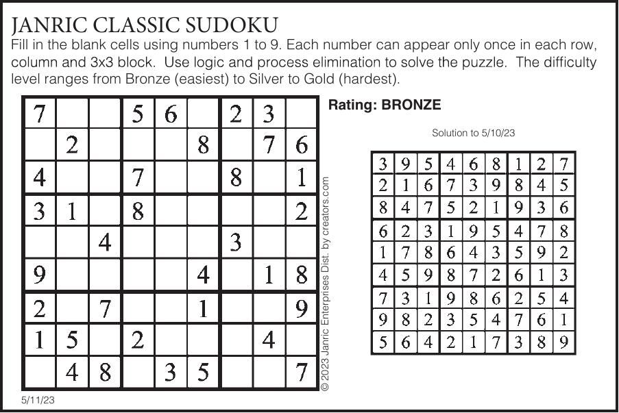 Sudoku May 11 | Puzzles | gillettenewsrecord.com