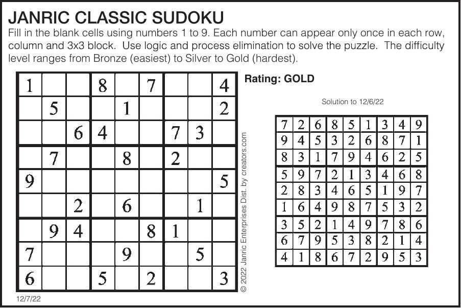 Sudoku December 7 | Puzzles | gillettenewsrecord.com