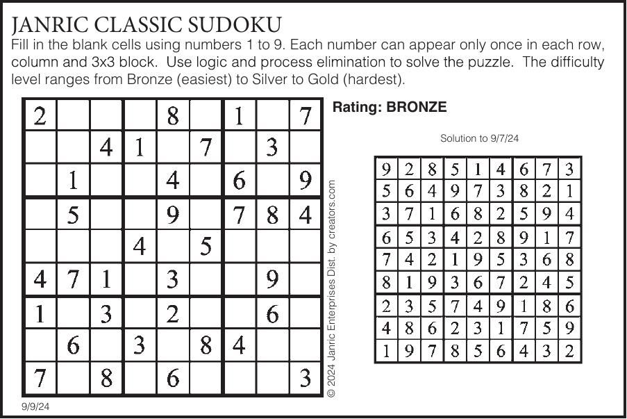 Sudoku September 9 | Puzzles | gillettenewsrecord.com