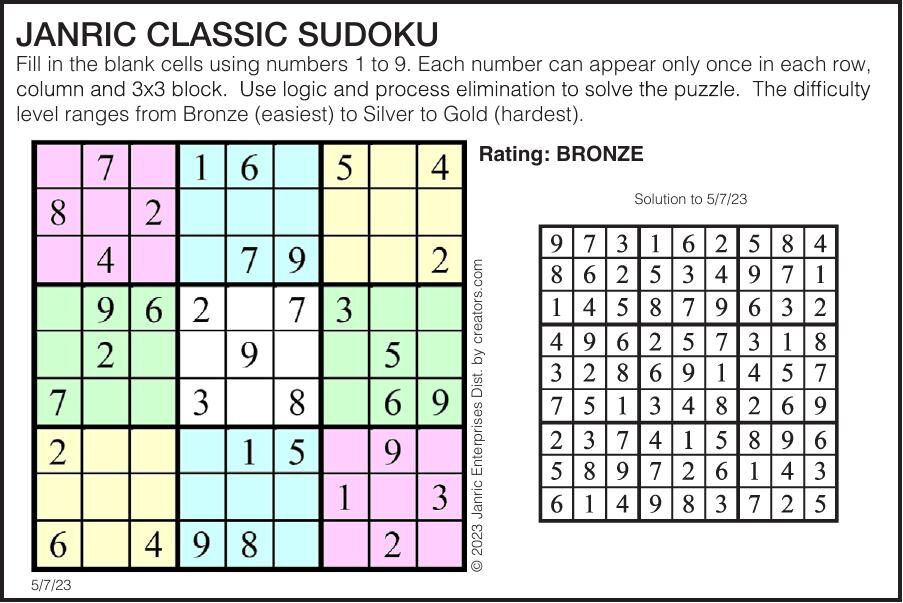 Sudoku May 7 | Puzzles | gillettenewsrecord.com