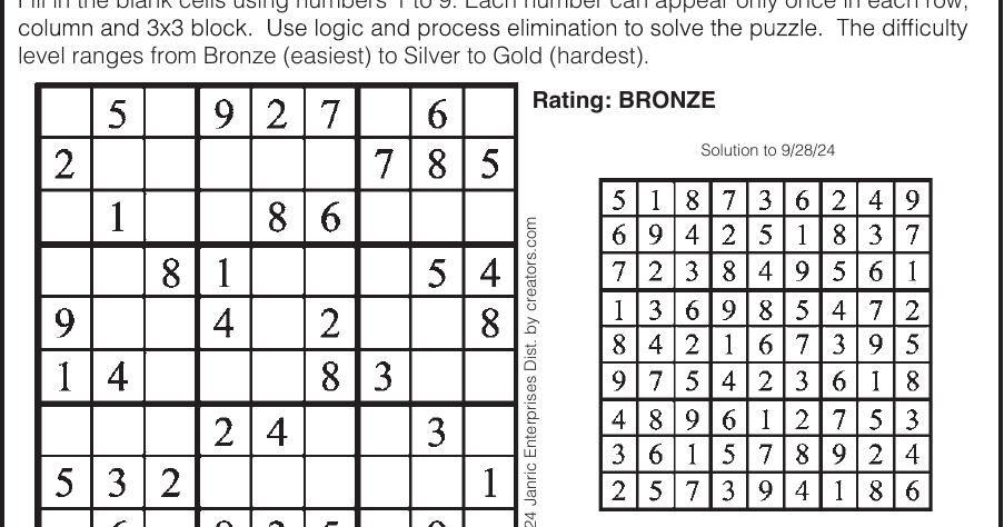 Sudoku September 30 | Puzzles | gillettenewsrecord.com