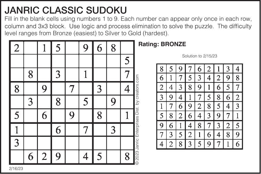 Sudoku February 16 | Puzzles | gillettenewsrecord.com