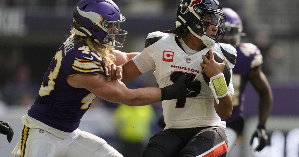 Vikings stay undefeated with 34-7 dismantling of Texans behind fierce defense, Darnold's 4 TDs ...