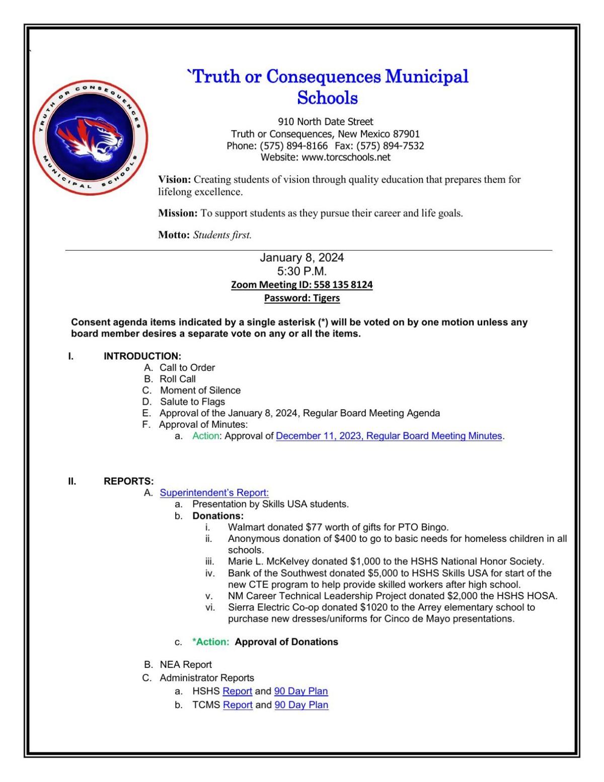School Board Meeting Agenda 8 January 2024 | | gpkmedia.com