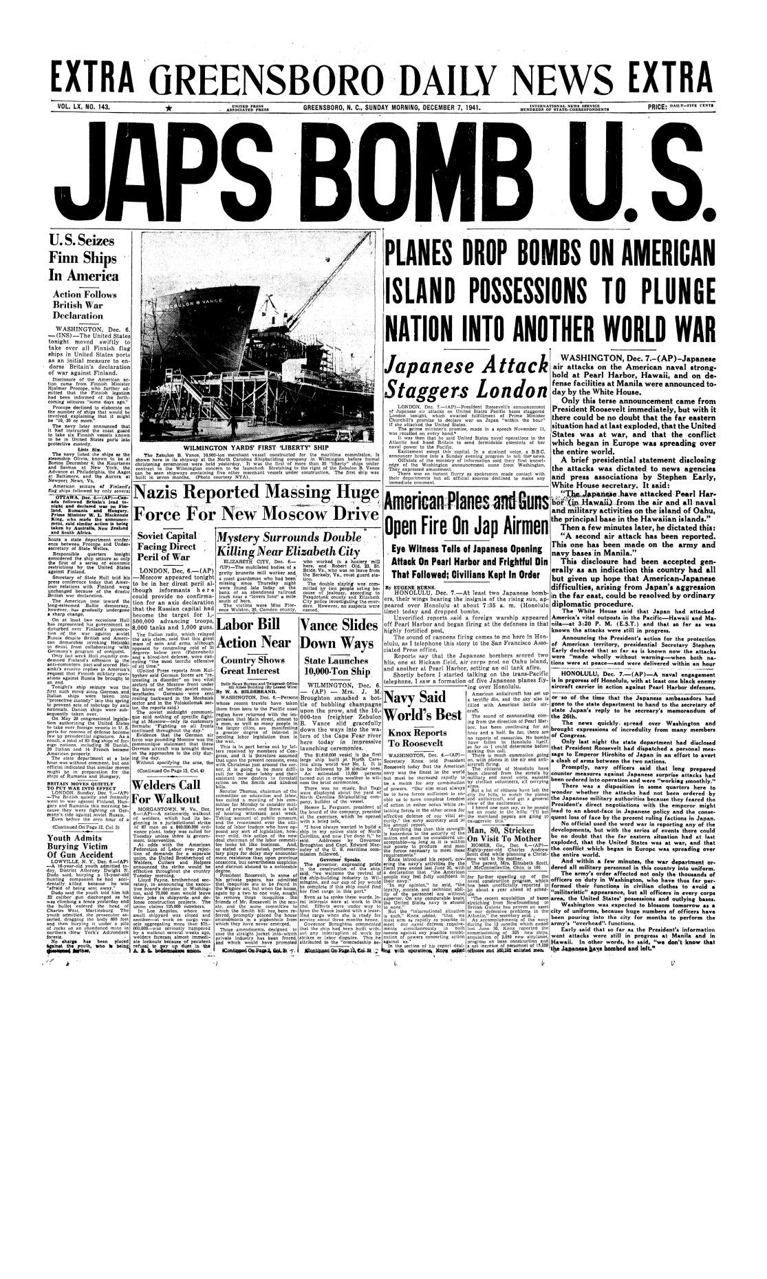 News & Record's Pearl Harbor front pages From Dec. 8, 1941