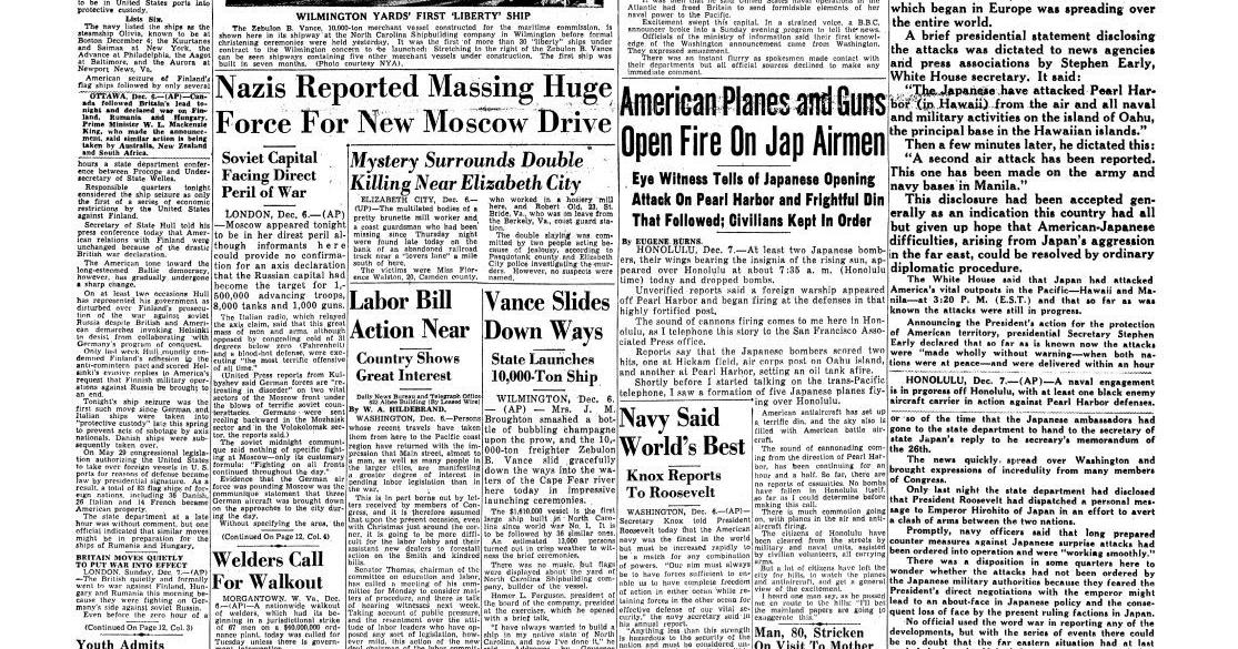 News & Record's Pearl Harbor front pages From Dec. 8, 1941