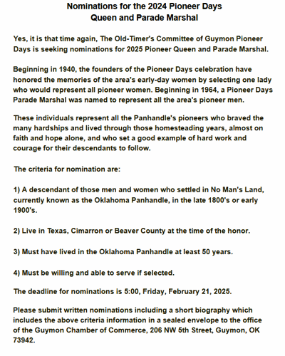 QUEEN NOMINATIONS FOR PIONEER DAYS PARADE due today ...