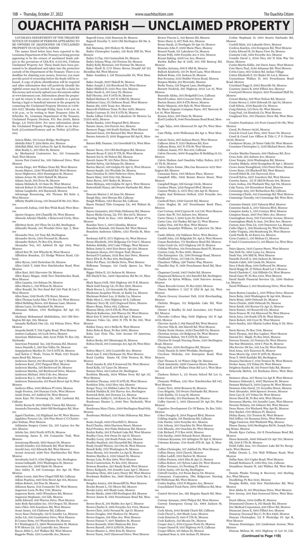 Oct. 27, 2022 Unclaimed Property & Public Notices | Public Notices | hannapub.com