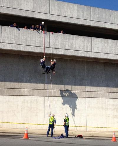 Rescue Squad trains on downtown parking deck
