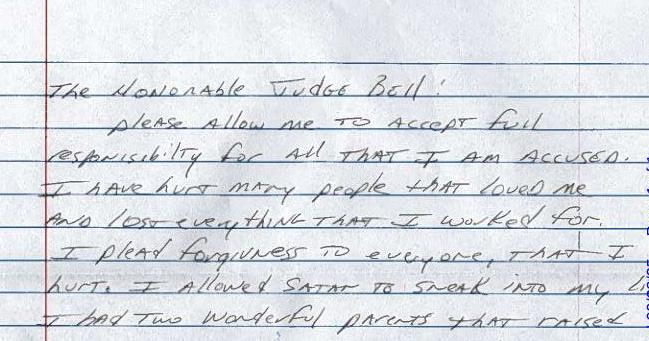 Letter submitted to court in Kelly Setzer NC sentencing