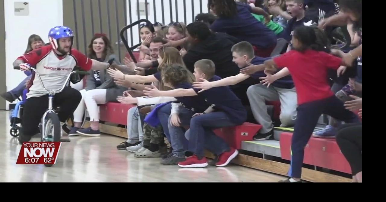 School assembly featuring Wonder Wheels BMX Stunt Team motivate Perry ...