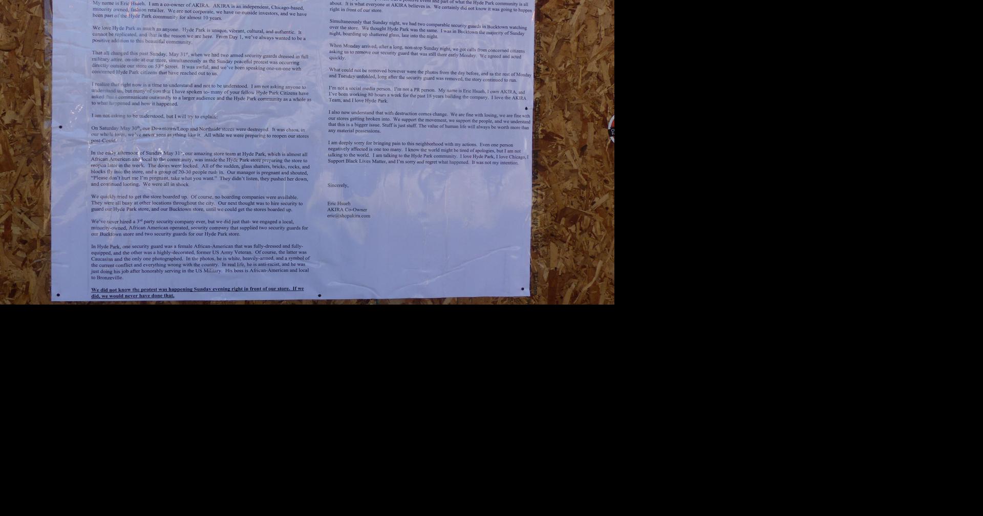 Akira owner posts apologetic letter on storefront | News | hpherald.com