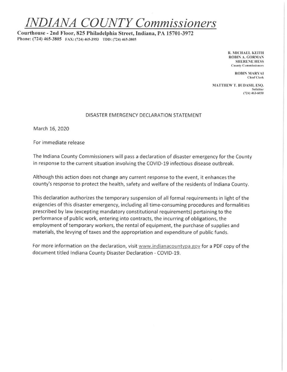 Disaster Emergency Declaration Statement for Indiana County (PDF ...