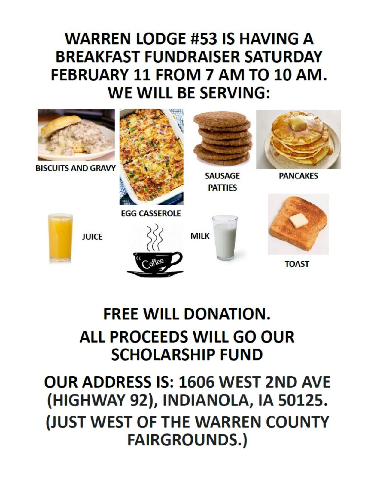 Warren Lodge breakfast flyer | | indianola-ia.com