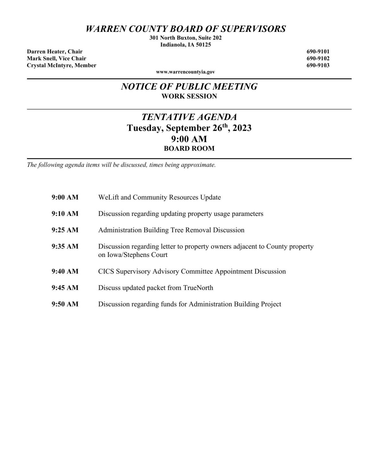 Warren County BOS work session | | indianola-ia.com