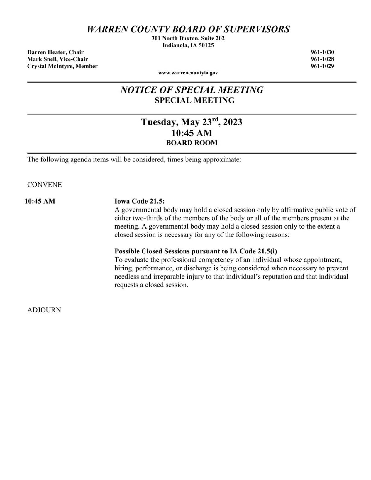 Warren County BOS closed meeting | | indianola-ia.com