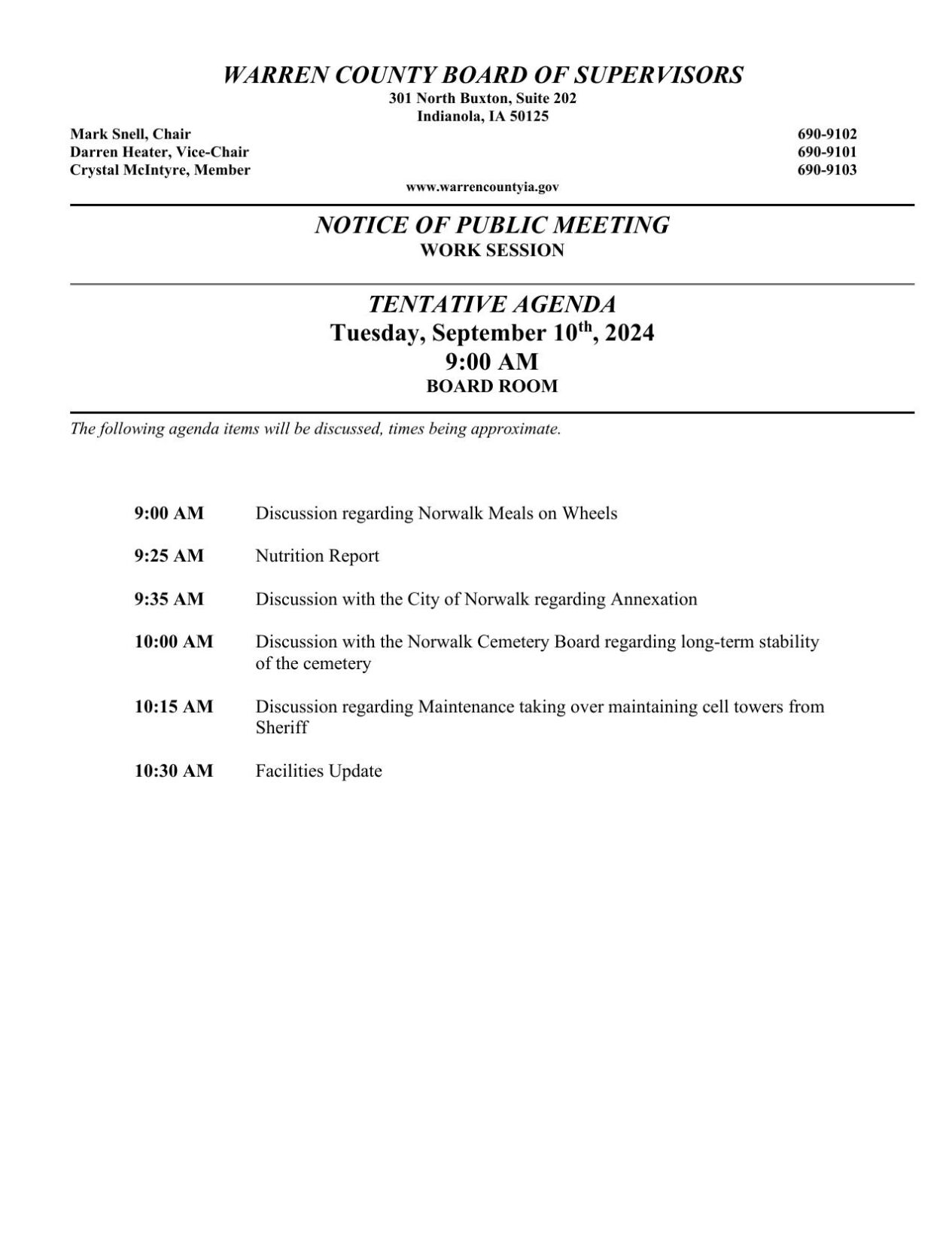 9.10 Warren County BOS work session | | indianola-ia.com