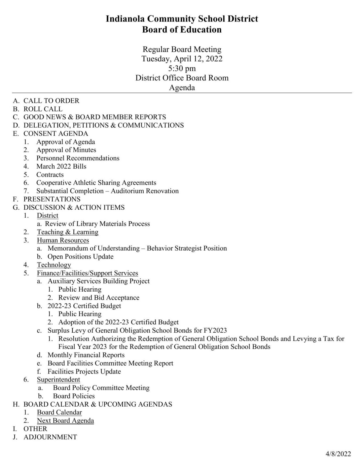 Indianola school board agenda, 4.12 | | indianola-ia.com