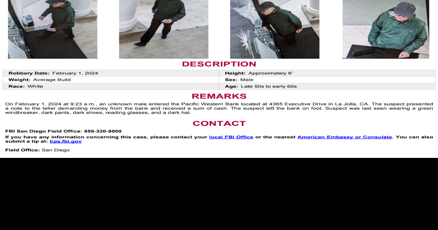 Unknown bank robber wanted by FBI | News | ivpressonline.com