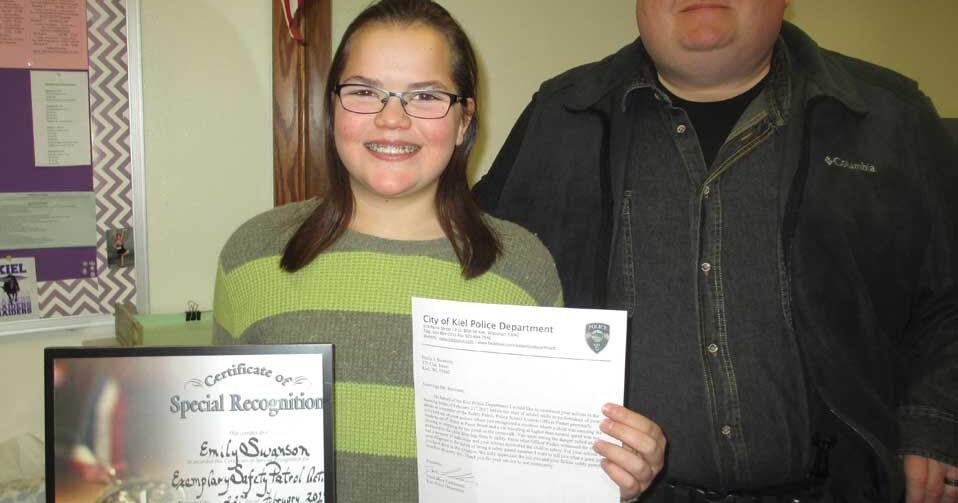 Kiel Safety Patrol member Emily Swanson recognized | Archives ...