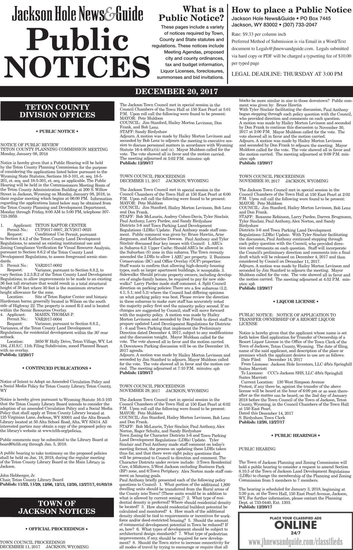 Public Notices, December 20, 2017 | Public Notices | jhnewsandguide.com