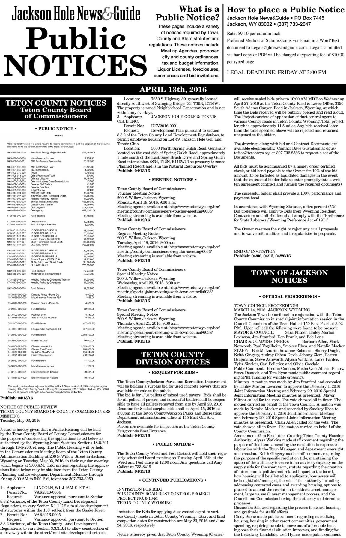 Public Notices, April 13, 2016 | Public Notices | jhnewsandguide.com