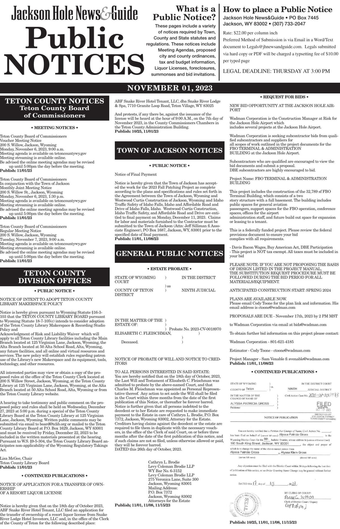 Public Notices, Nov. 1, 2023 | Public Notices | jhnewsandguide.com