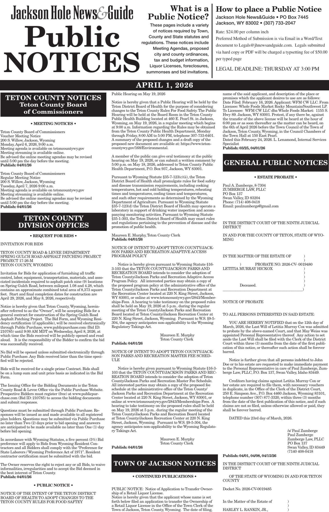 Public Notices, April 1, 2026 | Public Notices | jhnewsandguide.com
