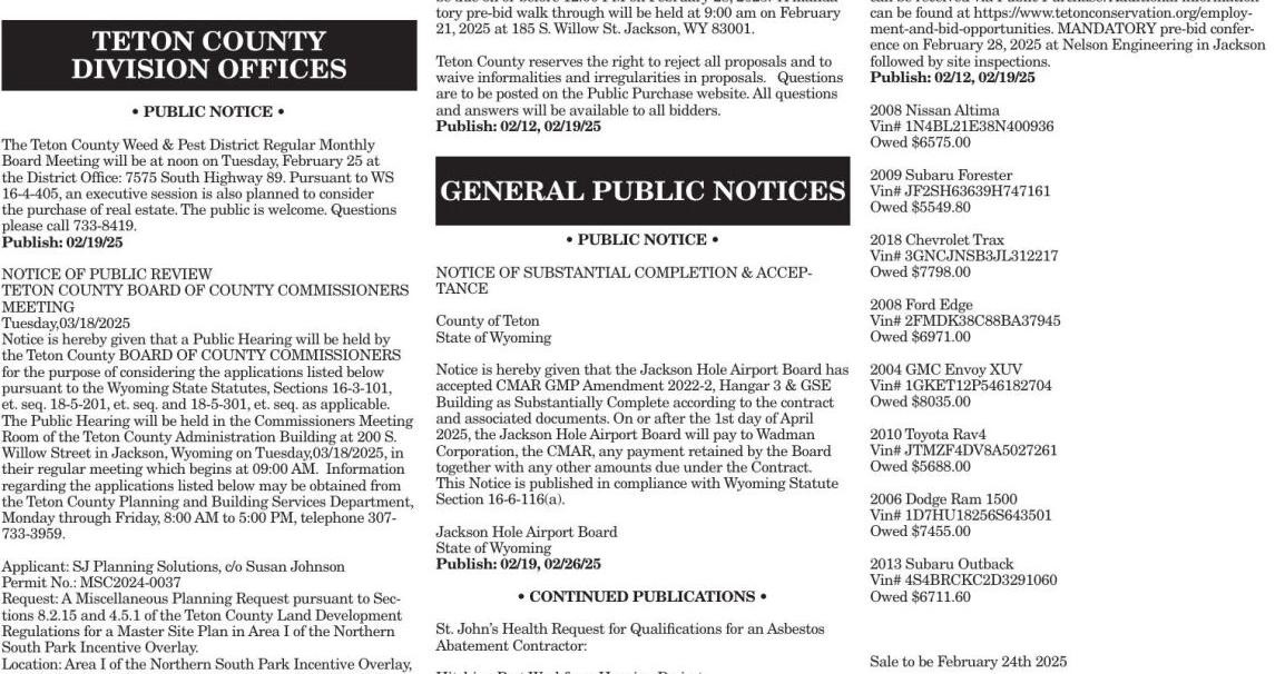Public Notices, February 19, 2025 | Public Notices | jhnewsandguide.com