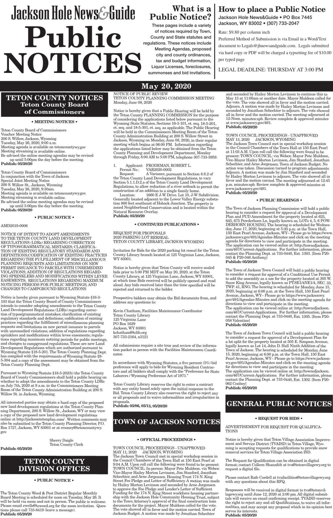 Public Notices, May 20, 2020 | Public Notices | jhnewsandguide.com