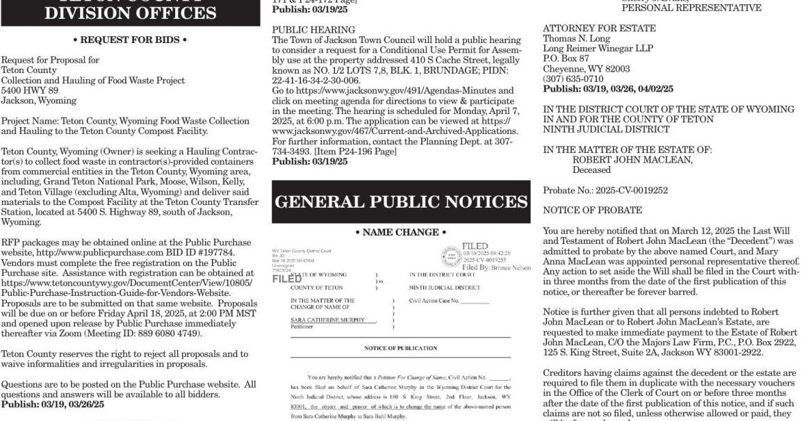Public Notices, March 19, 2025 | Public Notices | jhnewsandguide.com