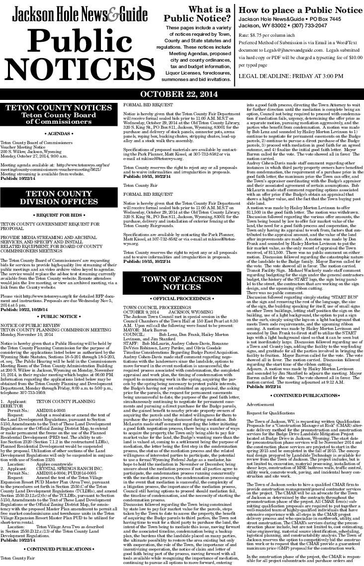 Public Notices, Oct. 22, 2014 | Public Notices | jhnewsandguide.com
