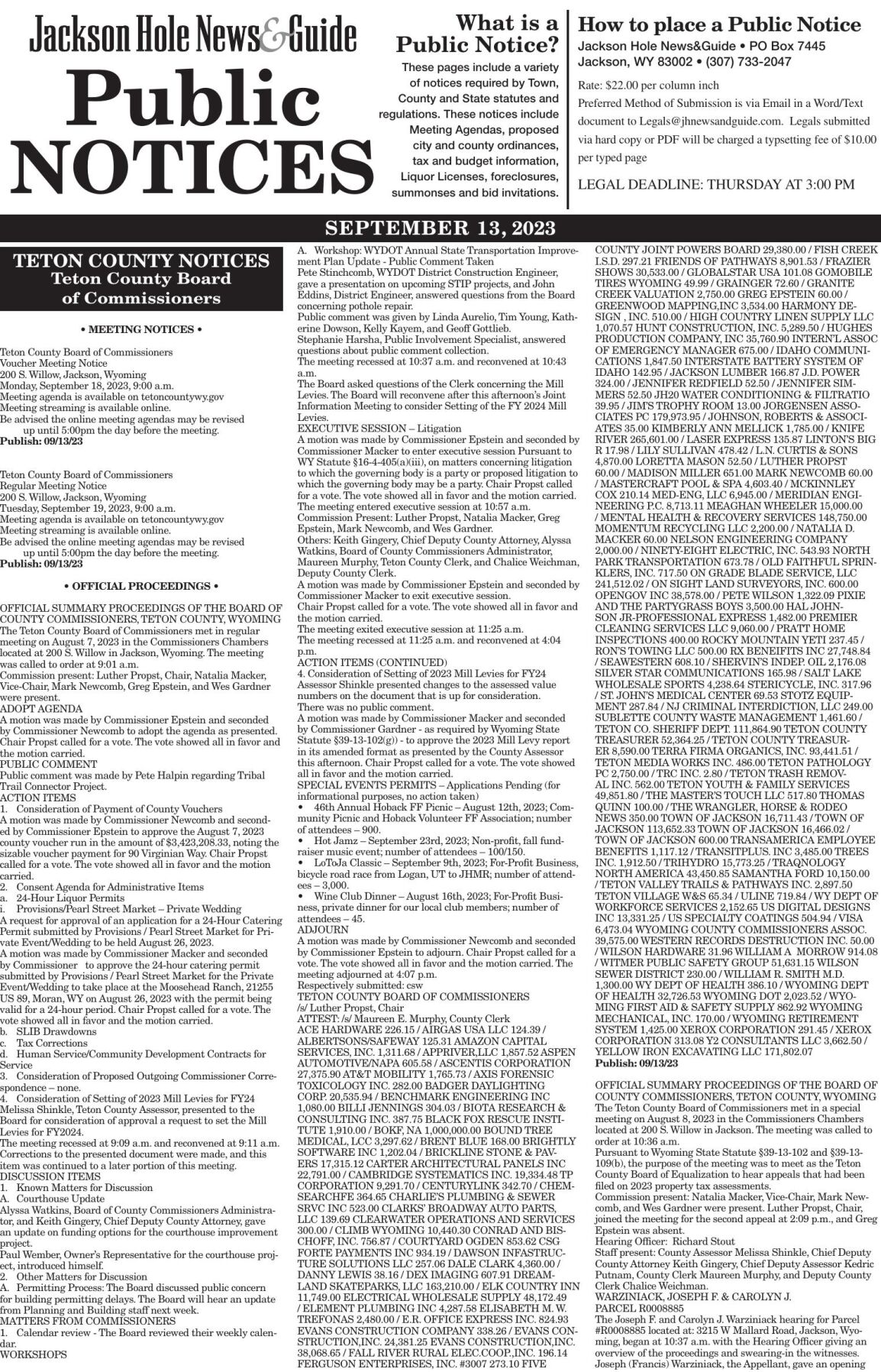 Public Notices, Sep. 13,2023 | Public Notices | jhnewsandguide.com