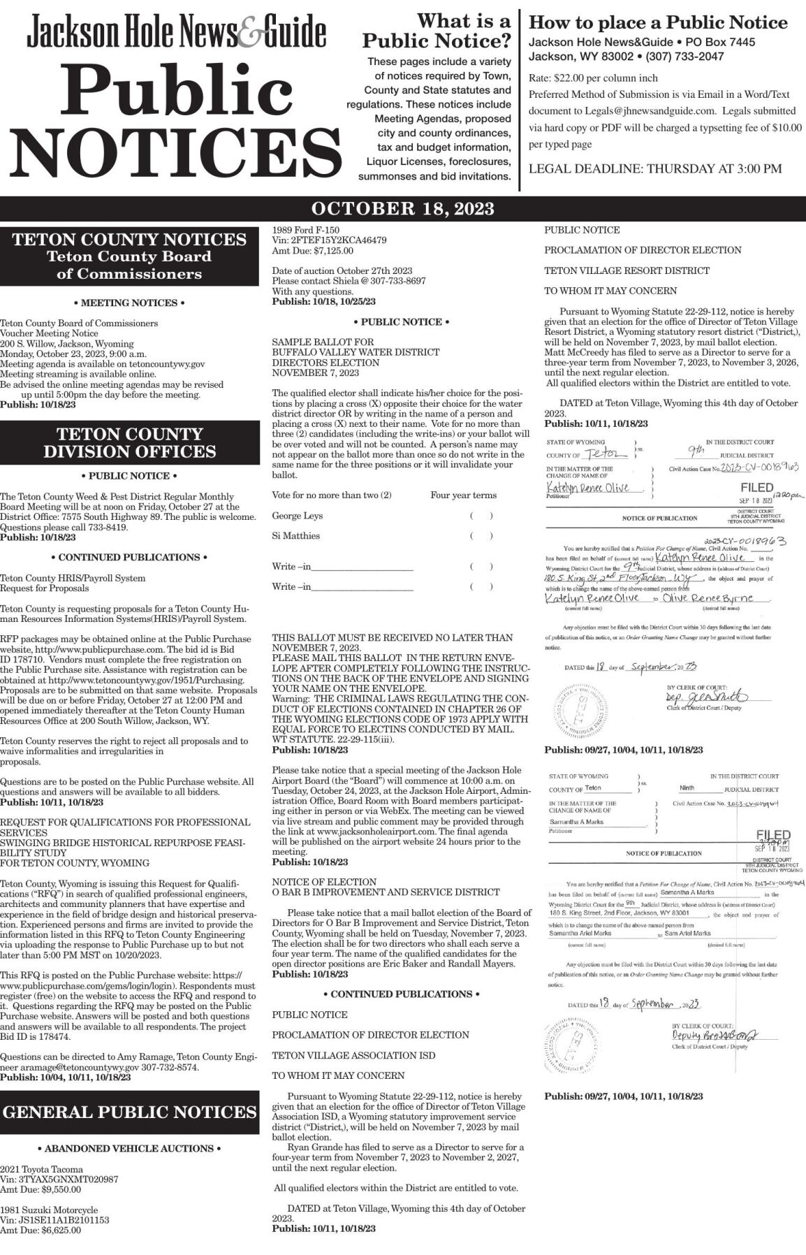 Public Notices, Oct.18, 2023 | Public Notices | jhnewsandguide.com
