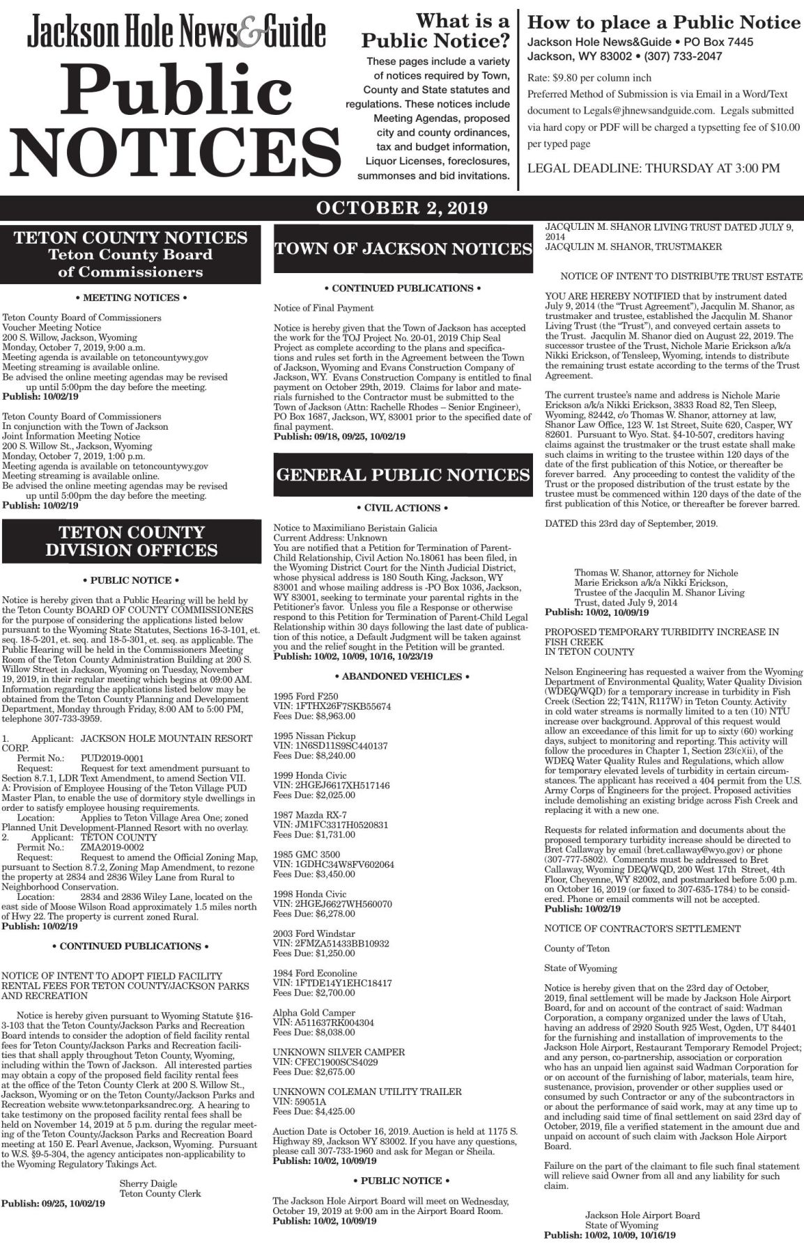 Public Notices, October 2, 2019 | Public Notices | jhnewsandguide.com
