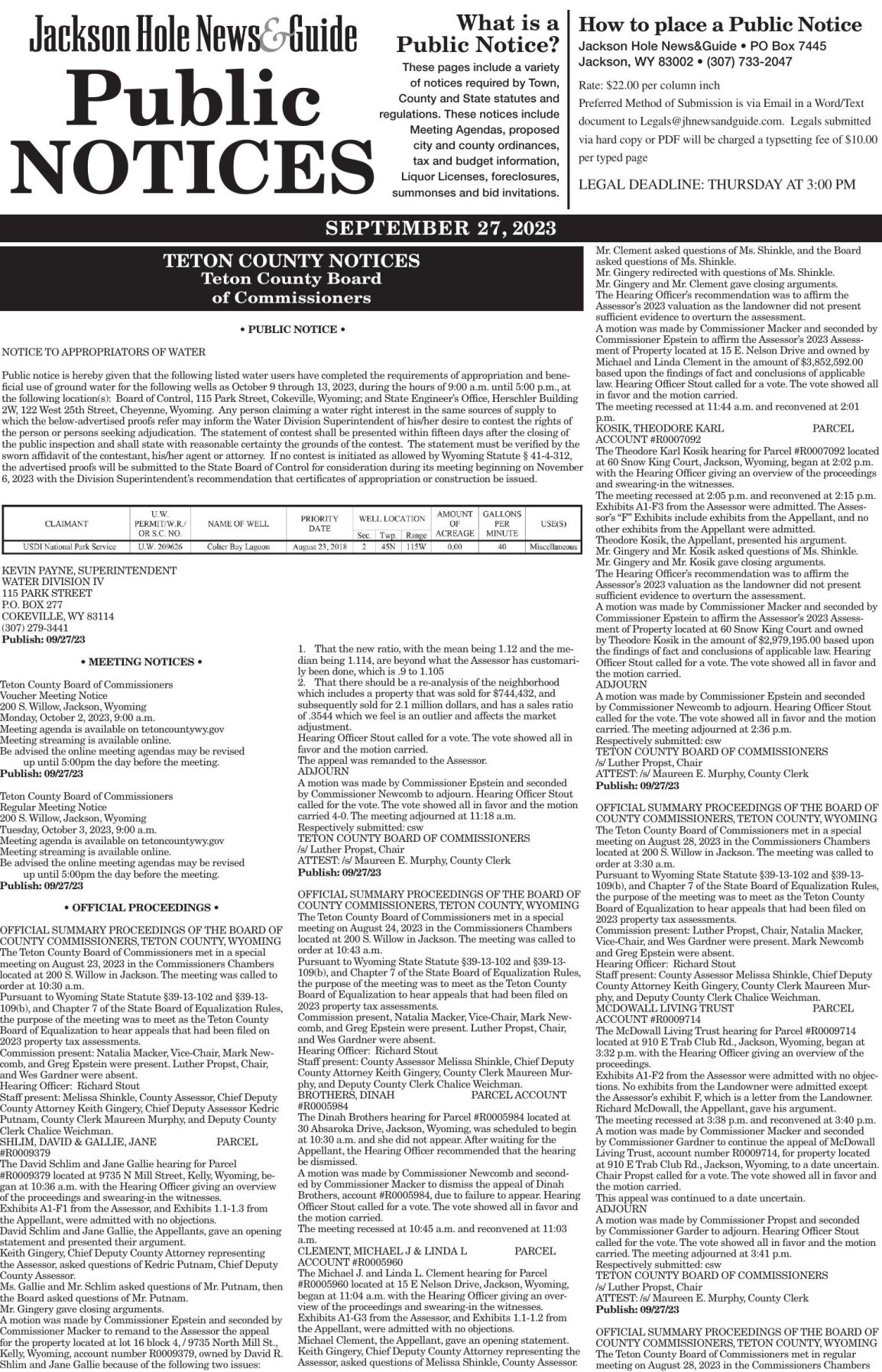 Public Notices, Sep.27, 2023 | Public Notices | jhnewsandguide.com