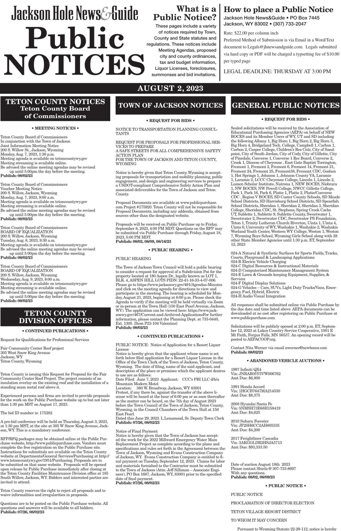 Public Notices, Aug. 2, 2023 | Public Notices | jhnewsandguide.com